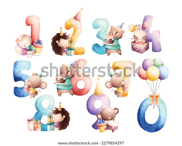 Watercolor Illustration Set Colorful Number Cute Stock Vector (Royalty ...