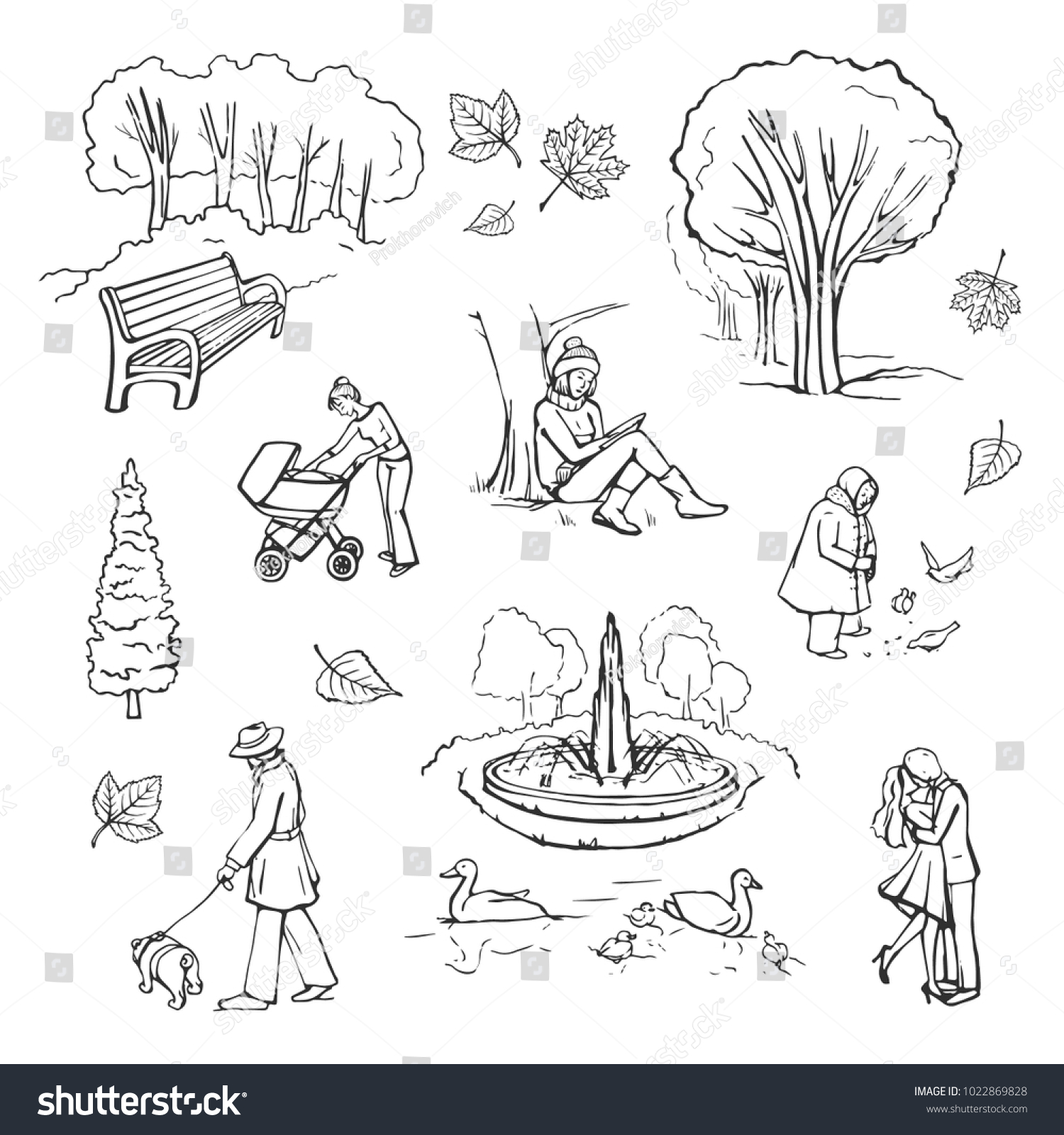 Vector Collection Sketches Walking Park Stock Vector (Royalty Free ...