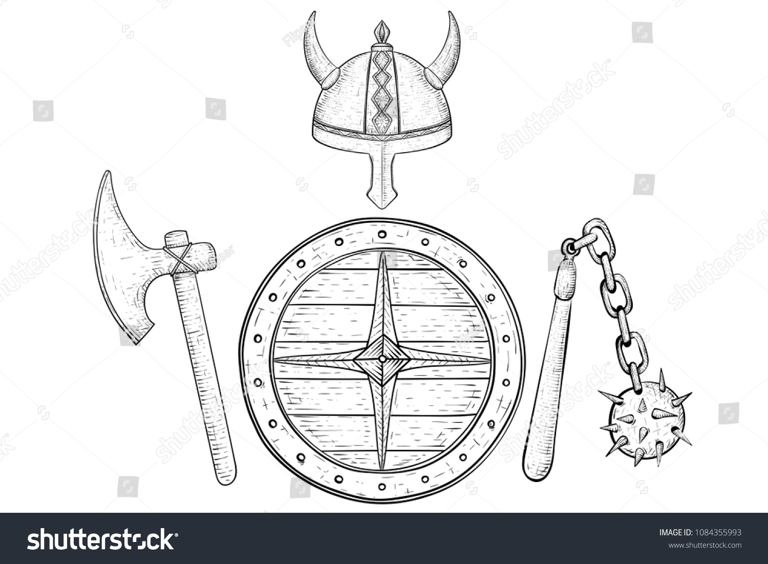 Viking Armor Set Helmet Shield Flail Stock Illustration 1084355993 Shutterstock 