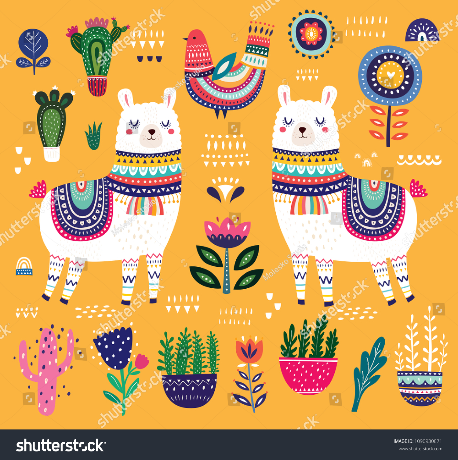 Colorful Vector Illustration Llama Flowers Bird Stock Vector (Royalty ...