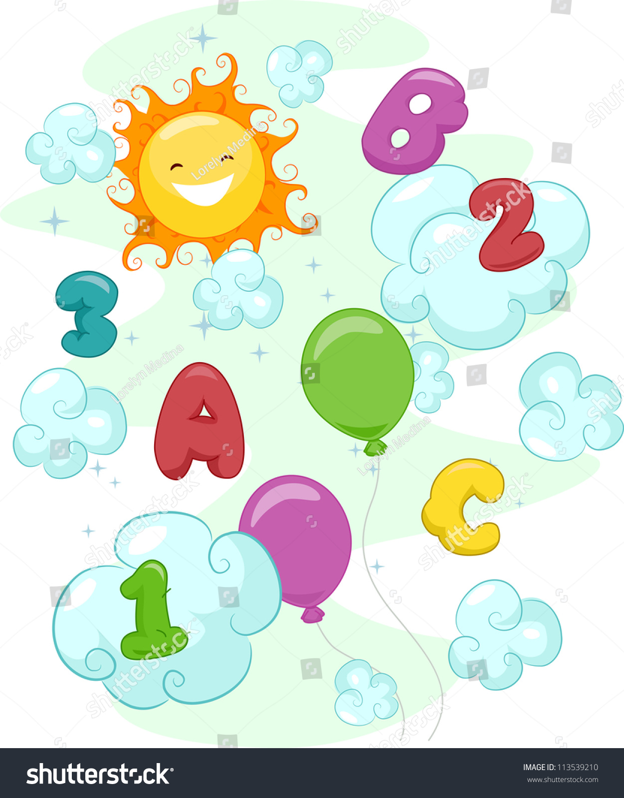 Illustration Sun Beaming Happily Numbers Letters Stock Vector (Royalty ...