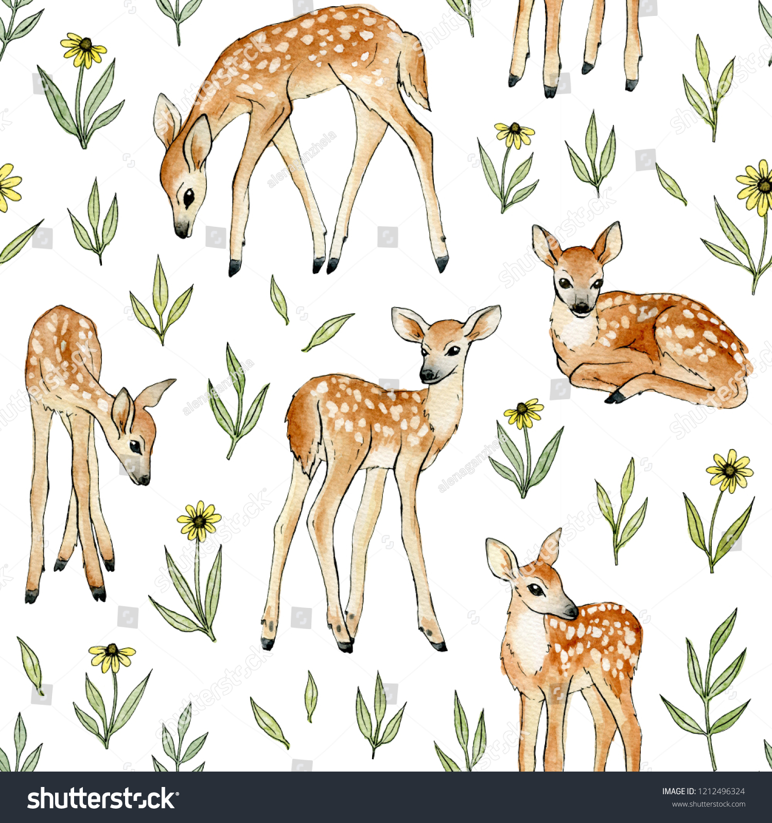 Watercolor Hand Painted Cute Deer Wild Stock Illustration 1212496324 ...