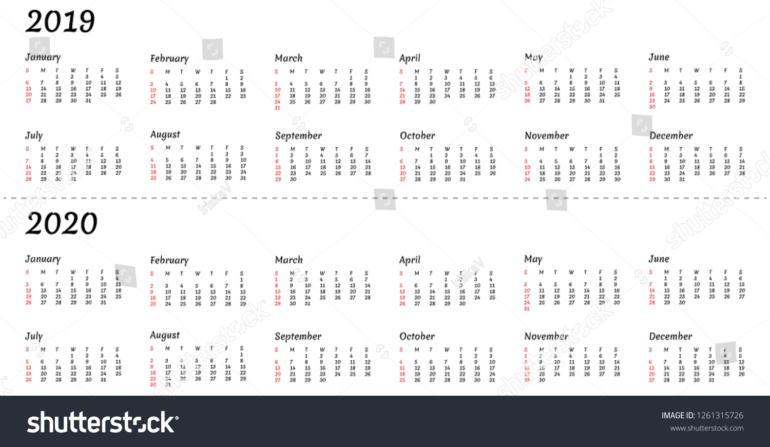 2019 2020 Calendar Year Vector Illustration Stock Vector (Royalty Free ...