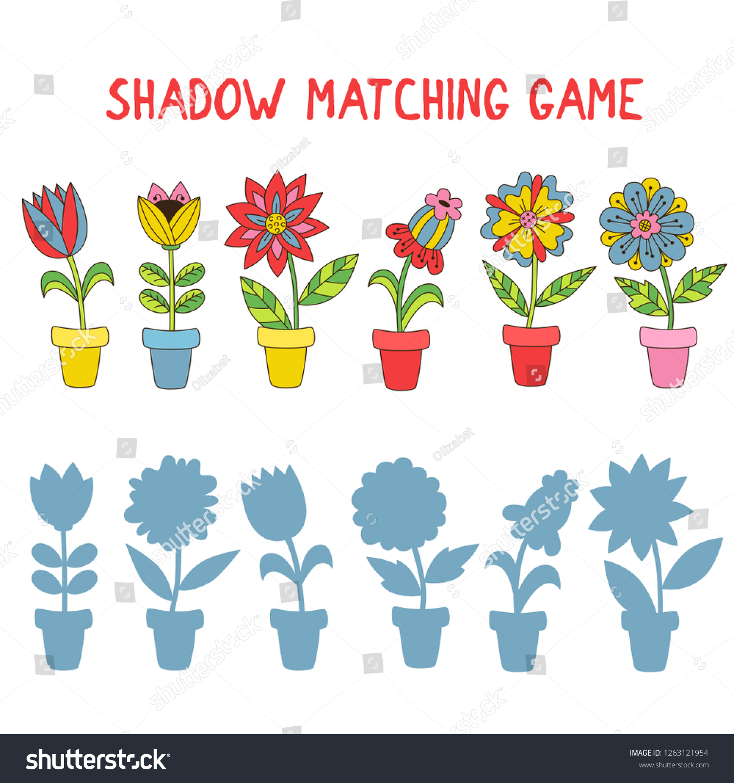 Flowers Pots Mathcing Shadow Game Children Stock Vector (Royalty Free ...