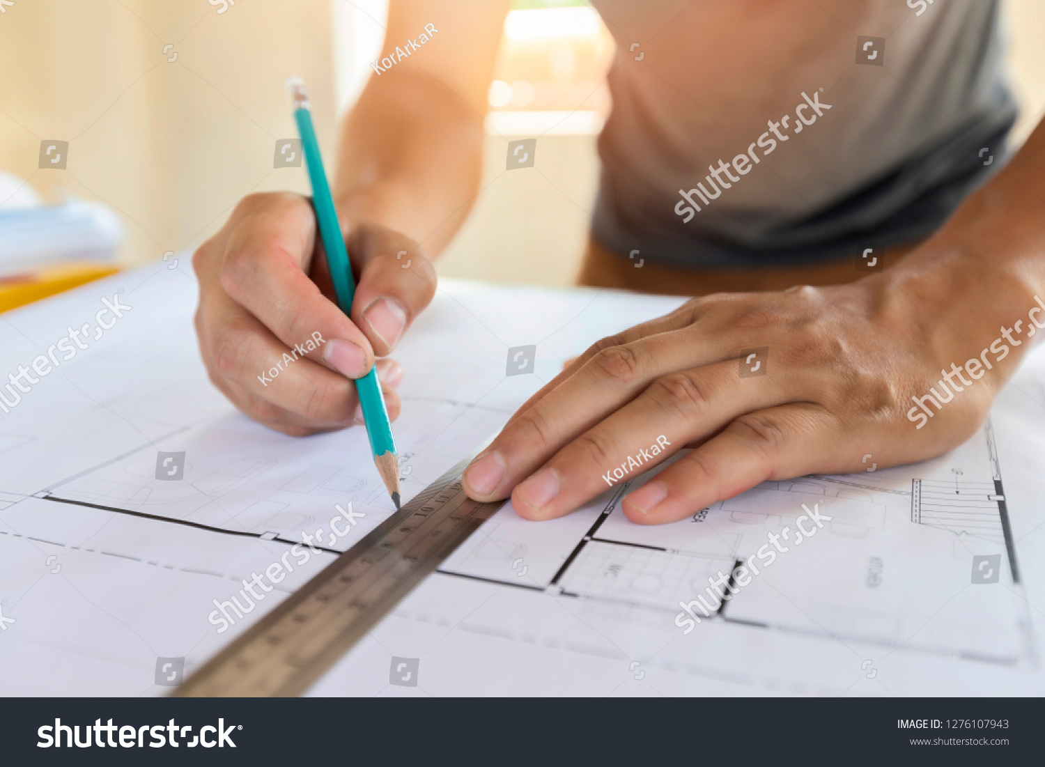 Architect Measuring Scale On Blueprint Construction Stock Photo ...