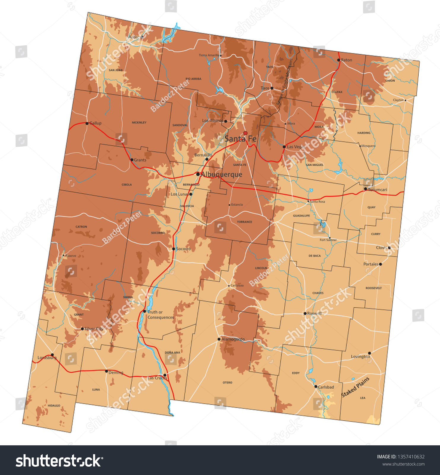 High Detailed New Mexico Physical Map: เวกเตอร์สต็อก (ปลอดค่าลิขสิทธิ์ ...