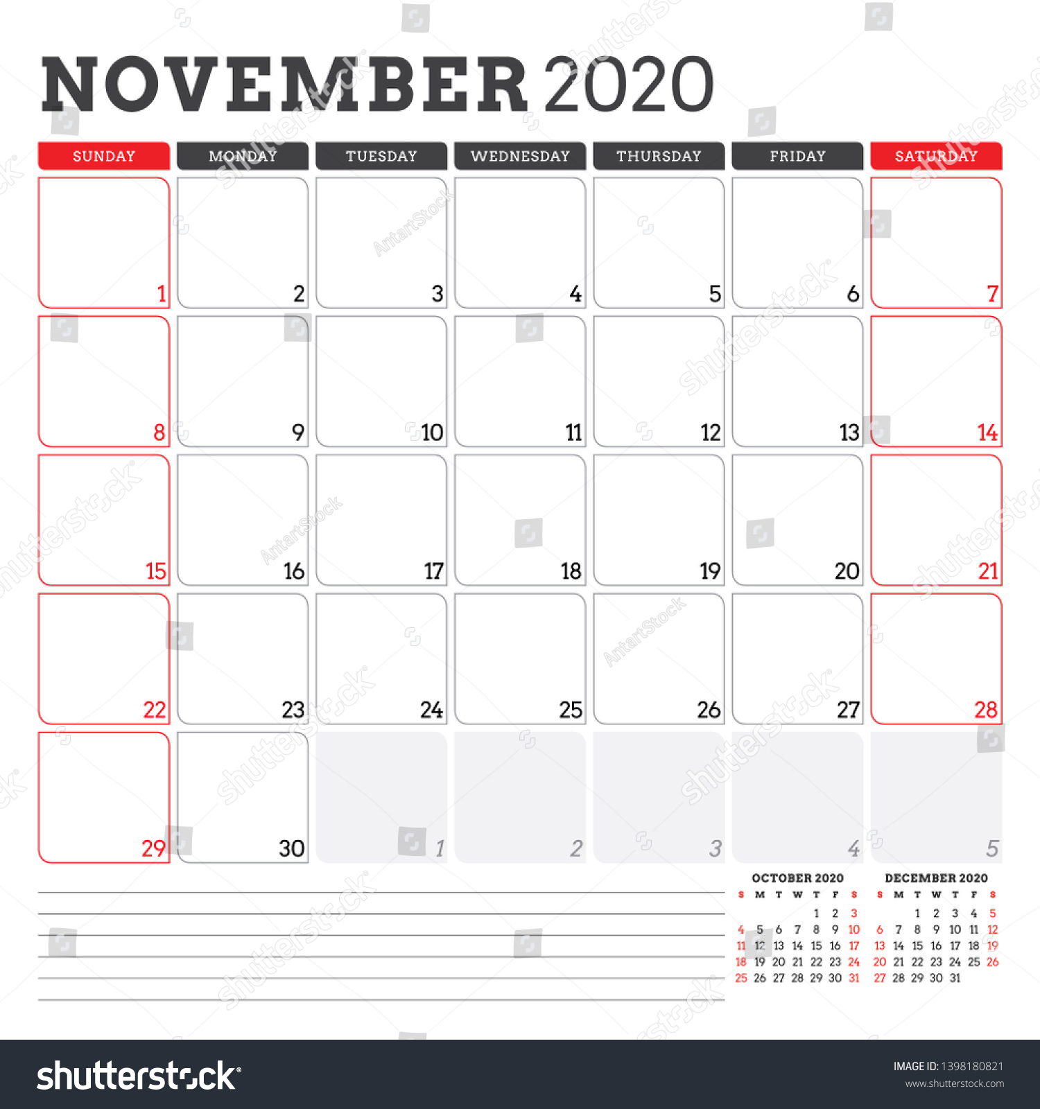 Calendar Planner November 2020 Week Starts Stock Vector (Royalty Free ...