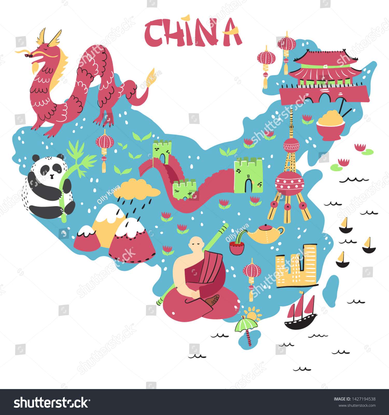 Hand Drawn Map China Main Sightseeings Stock Vector (Royalty Free ...
