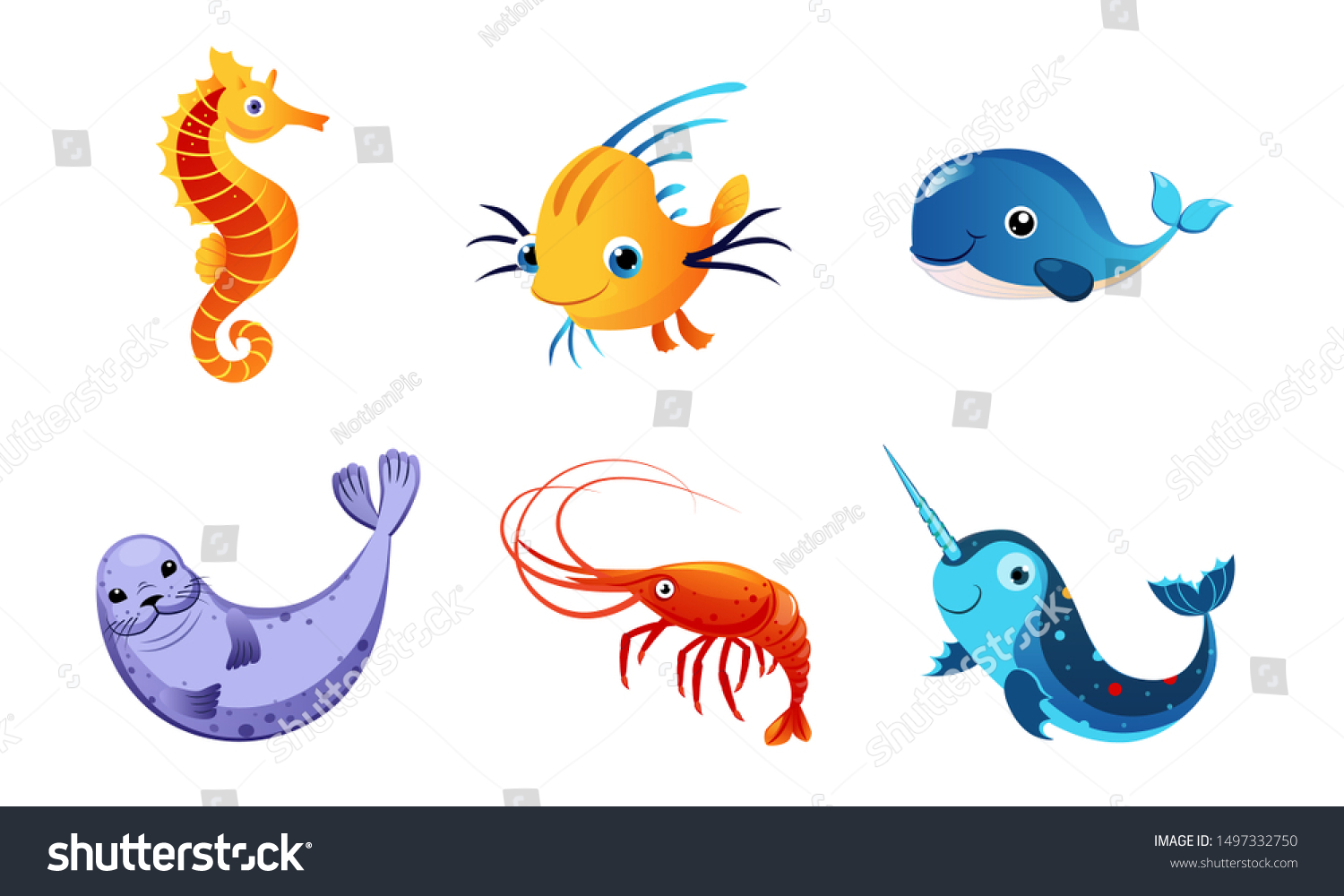 Cute Friendly Sea Creatures Set Colorful Stock Vector (Royalty Free ...