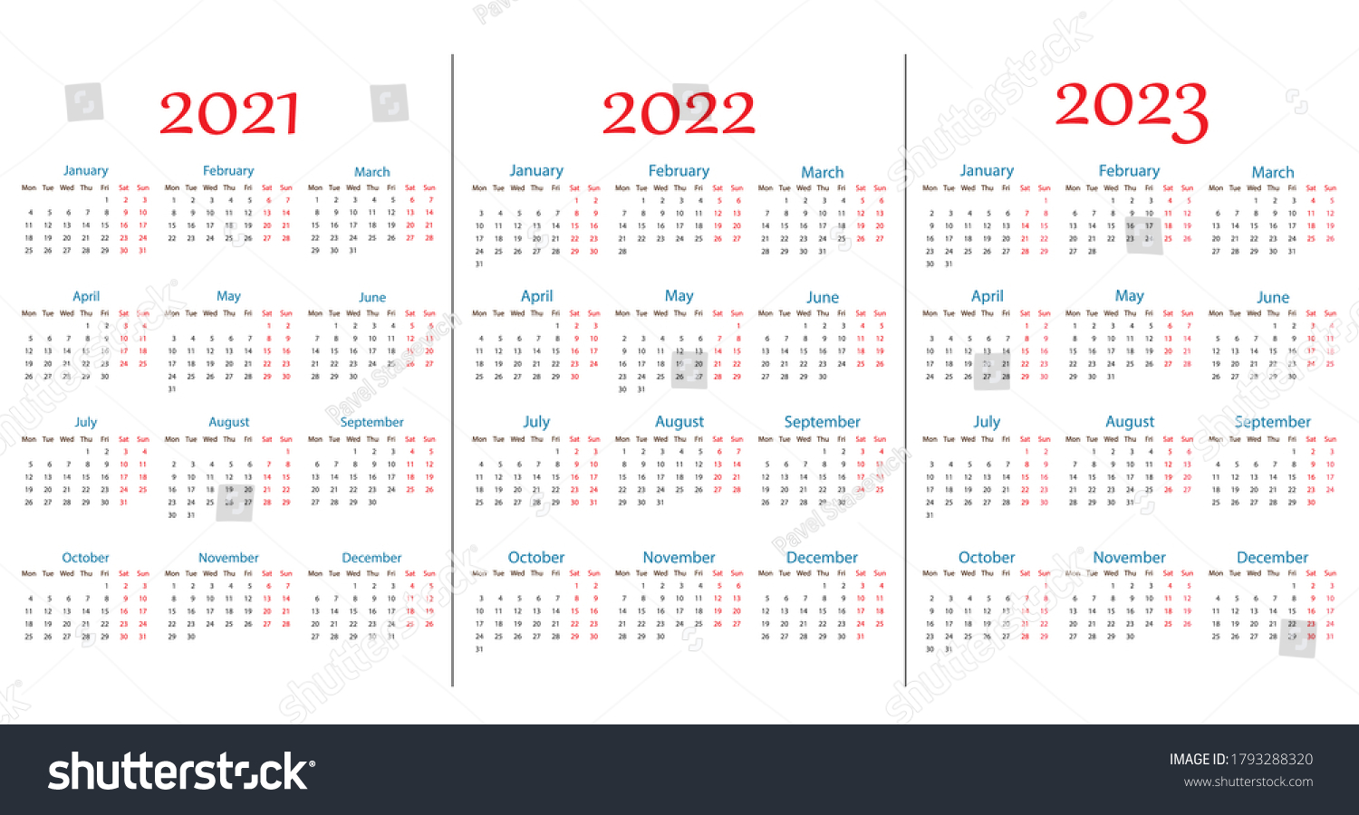 2021 2022 2023 Calendar Week Monday Stock Vector (Royalty Free ...