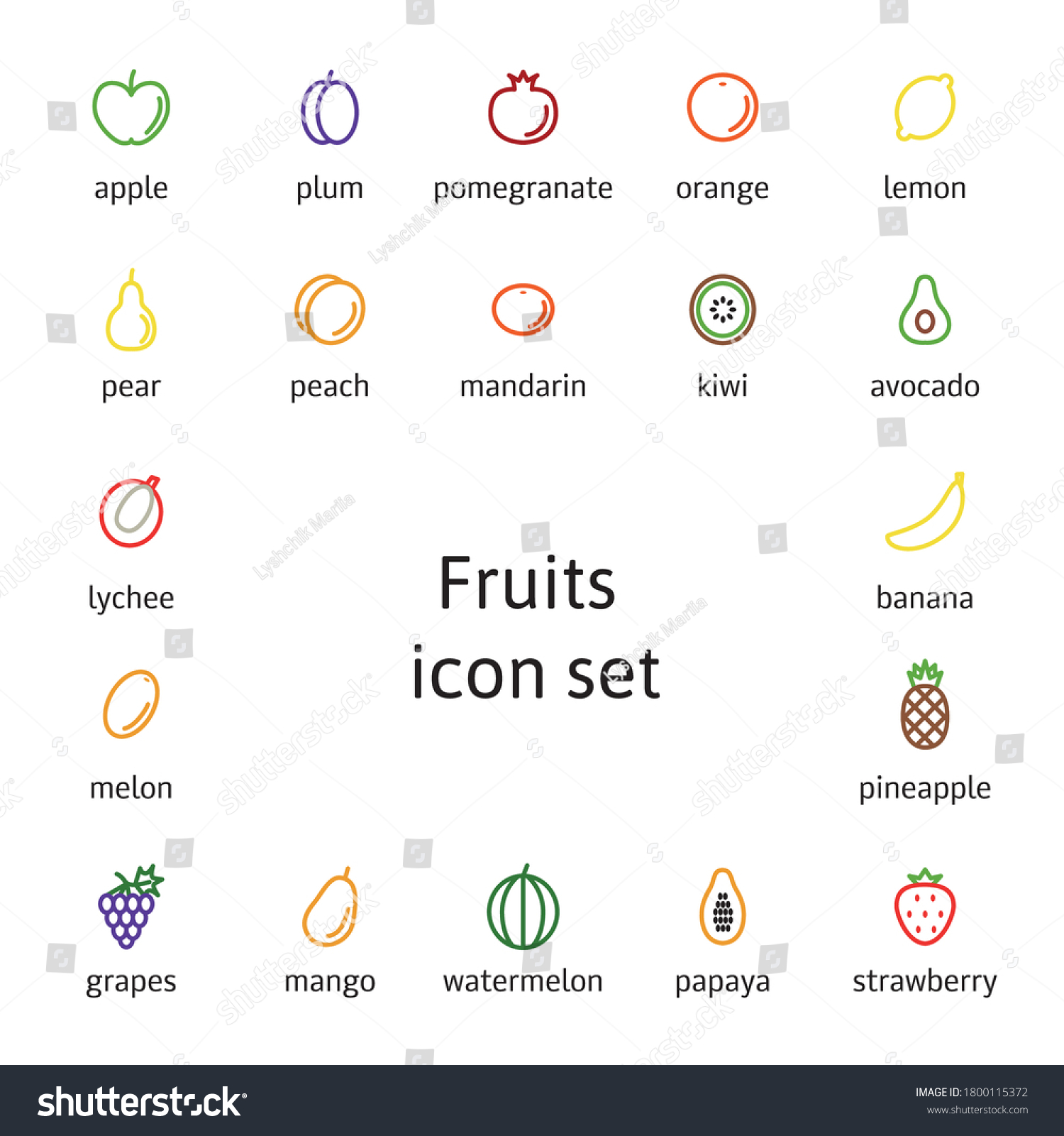 Set Colorful Flat Line Fruit Icons Stock Vector (Royalty Free ...