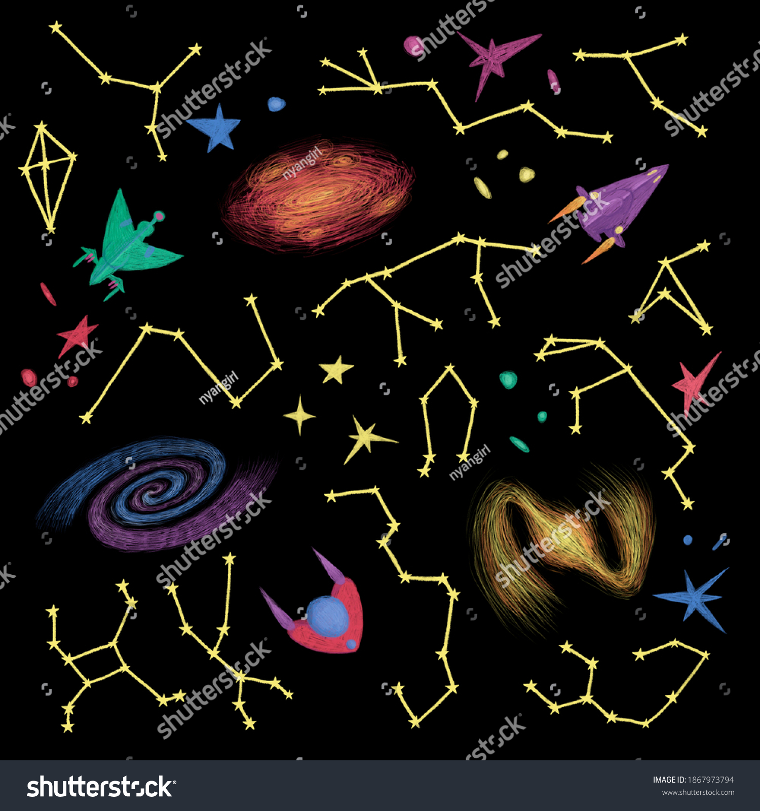 Space Themed Set Illustrations On Black Stock Illustration 1867973794 ...