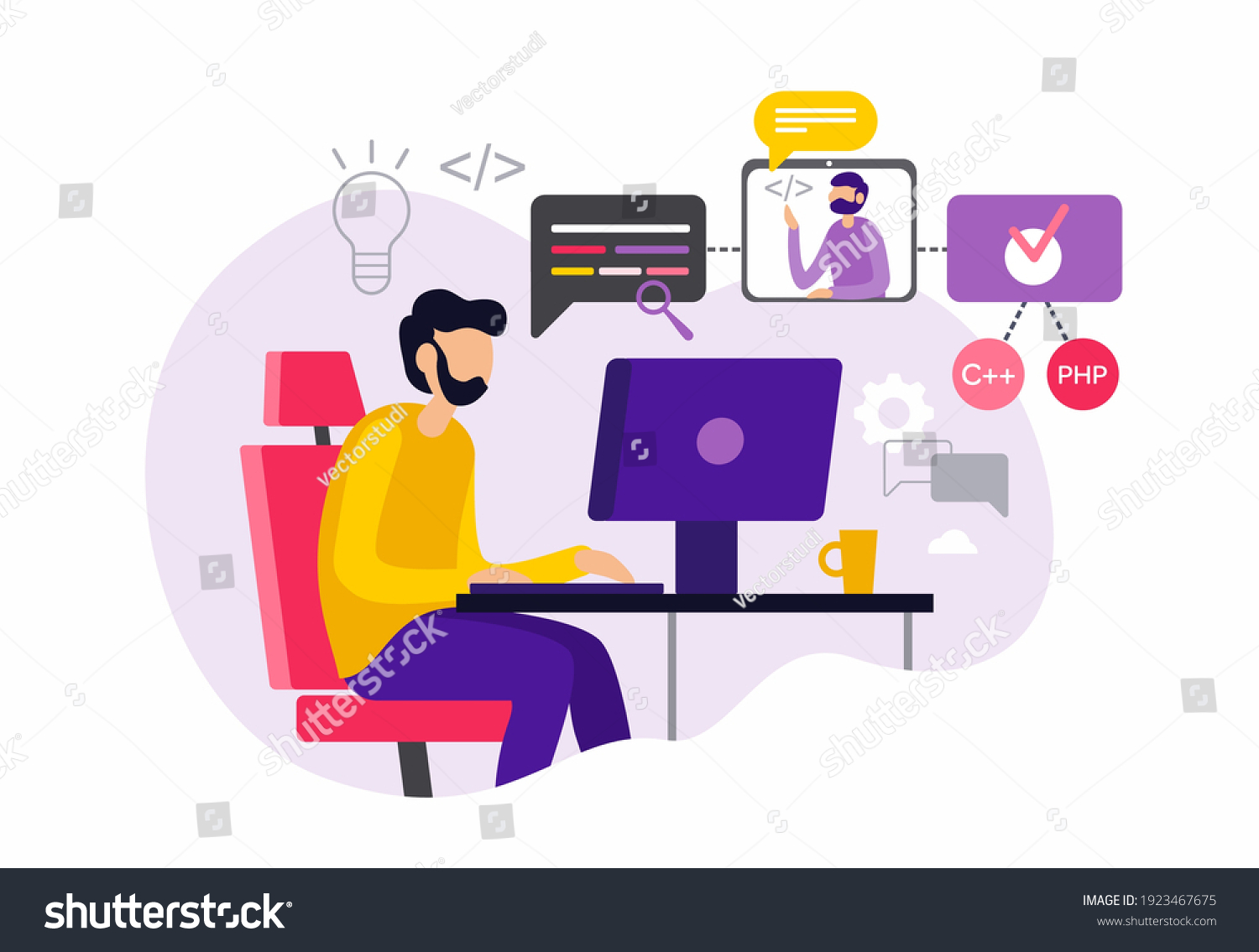 Young Bearded Man Studying Programming Languages Stock Vector (Royalty Free) 1923467675 ...