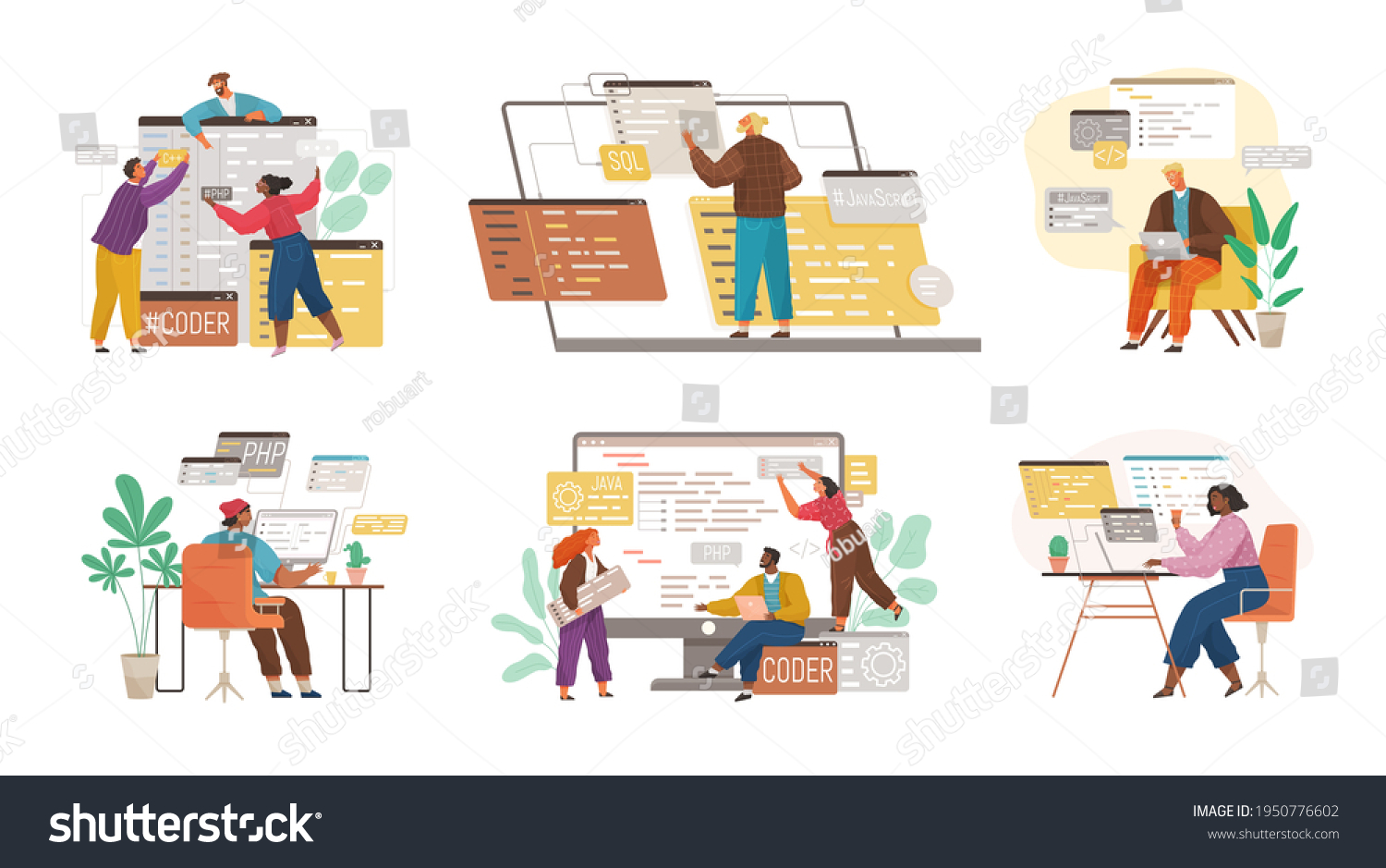 Programmer Engineering Coding Set Programmers Working เวกเตอร์สต็อก ปลอดค่าลิขสิทธิ์