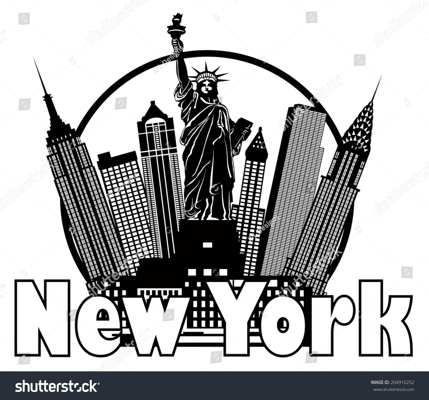 New York Skyline Silhouette With Statue Of Liberty