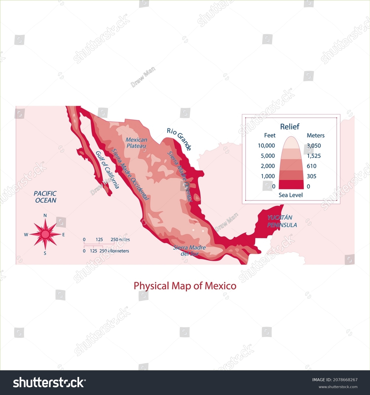 Physical Map Mexico Map Stock Vector (Royalty Free) 2078668267 ...