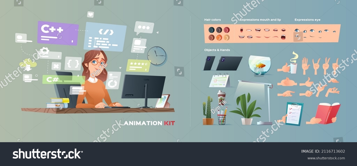 Woman Programmer Computer Kit Animation Several Stock Vector (Royalty ...