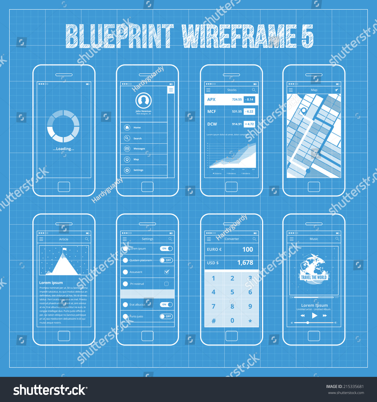 Blueprint Wireframe Mobile App Ui Kit Stock Vector (Royalty Free) 215335681 | Shutterstock