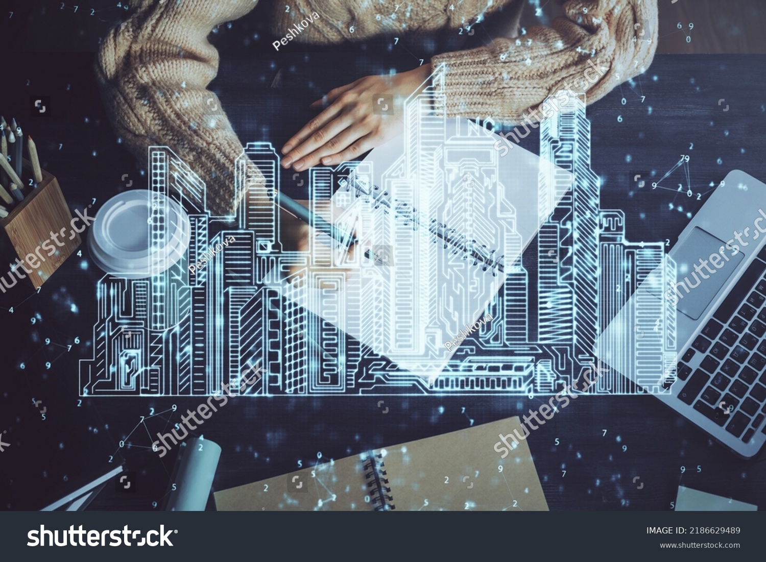 Iot Drawing Over Writing Hands Notepad Stock Photo 2186629489 ...