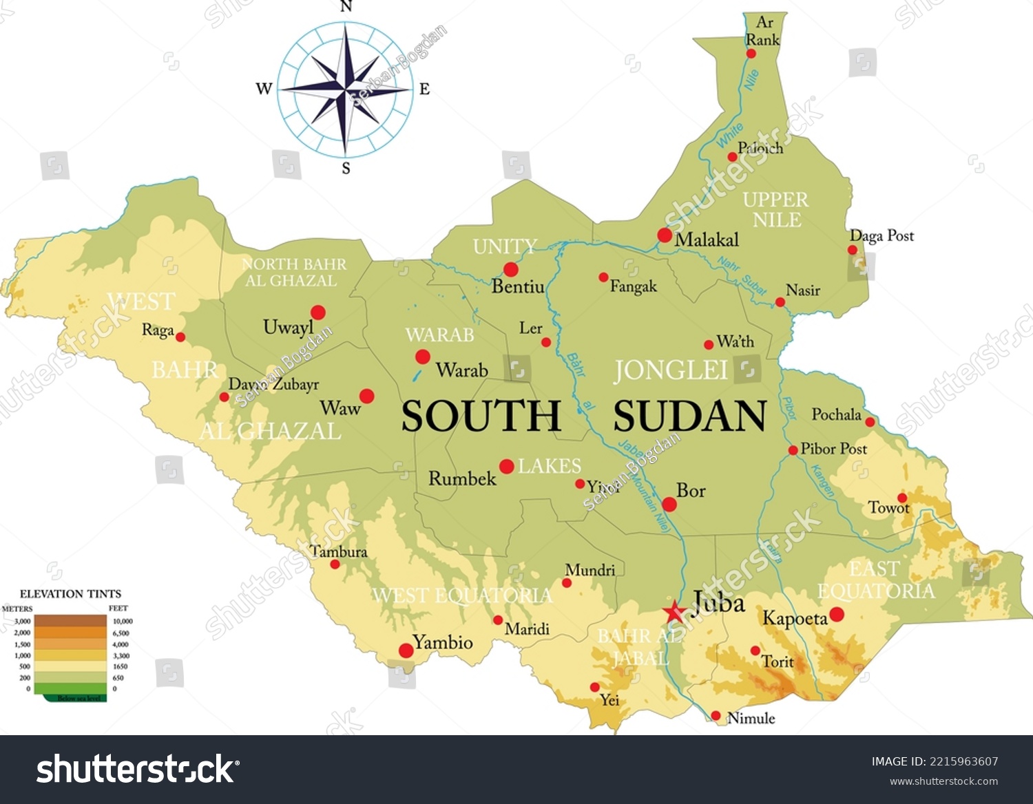 South Sudan Highly Detailed Physical Map Stock Vector (Royalty Free ...
