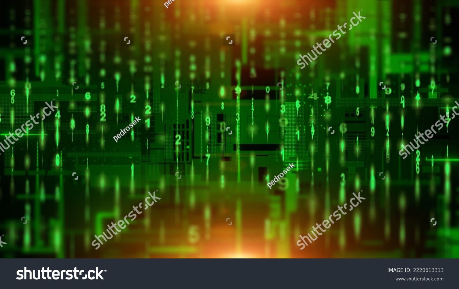 「未来的なデジタル背景に緑のマトリックススタイル。バイナリコンピューターコード。3Dイラストプログラミングコンセプト、著作権侵害、ハッキングプログラム、人工知能、インターネット。」のイラスト ...