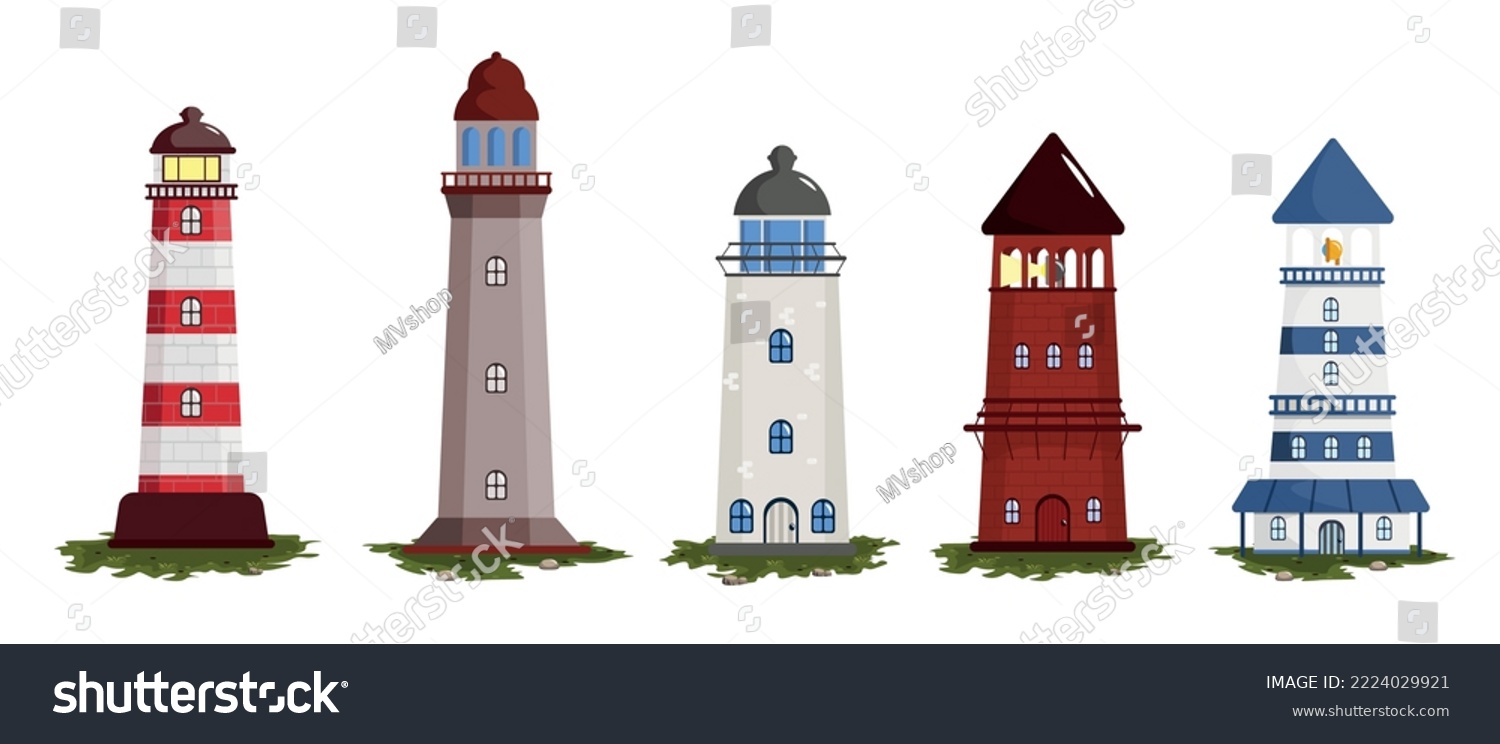 Set Colorful Lighthouses Cartoon Style Vector Stock Vector (Royalty ...