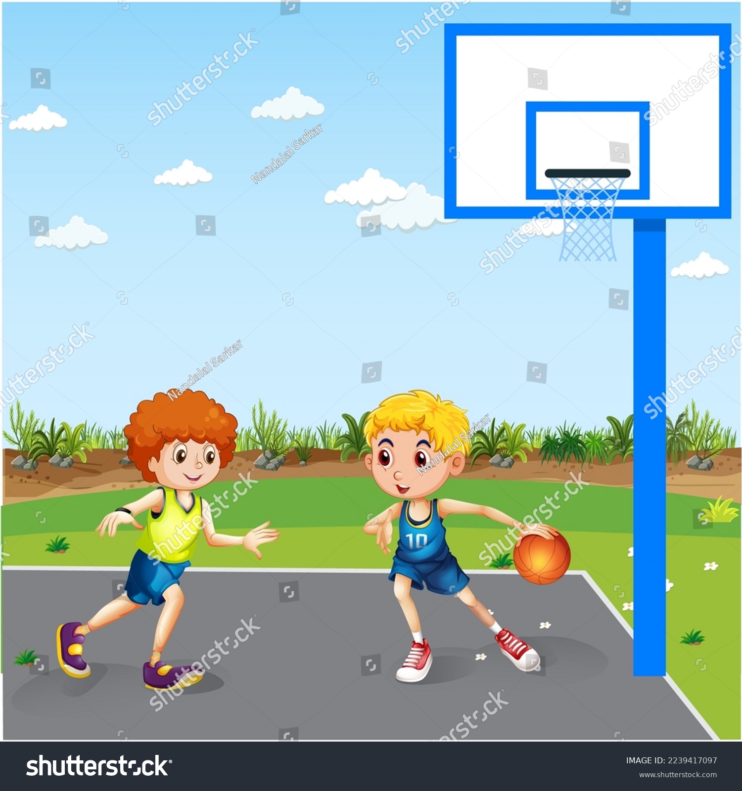 Vector Illustration Kids Playing Basketball Playground Stock Vector ...