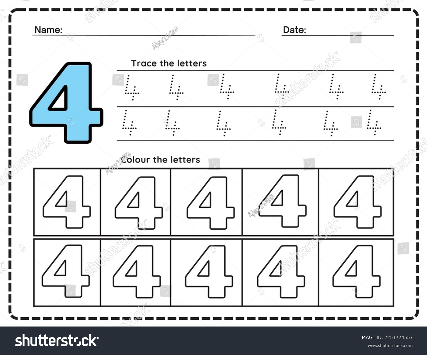 Trace Write Number Four Handwriting Practice Stock Vector (Royalty Free ...