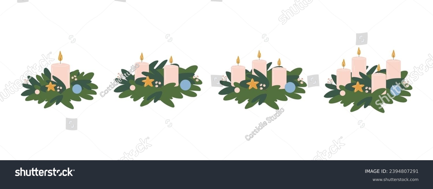 Advent Wreaths Onetwothree Four Candlescomplete Xmas Stock Vector ...