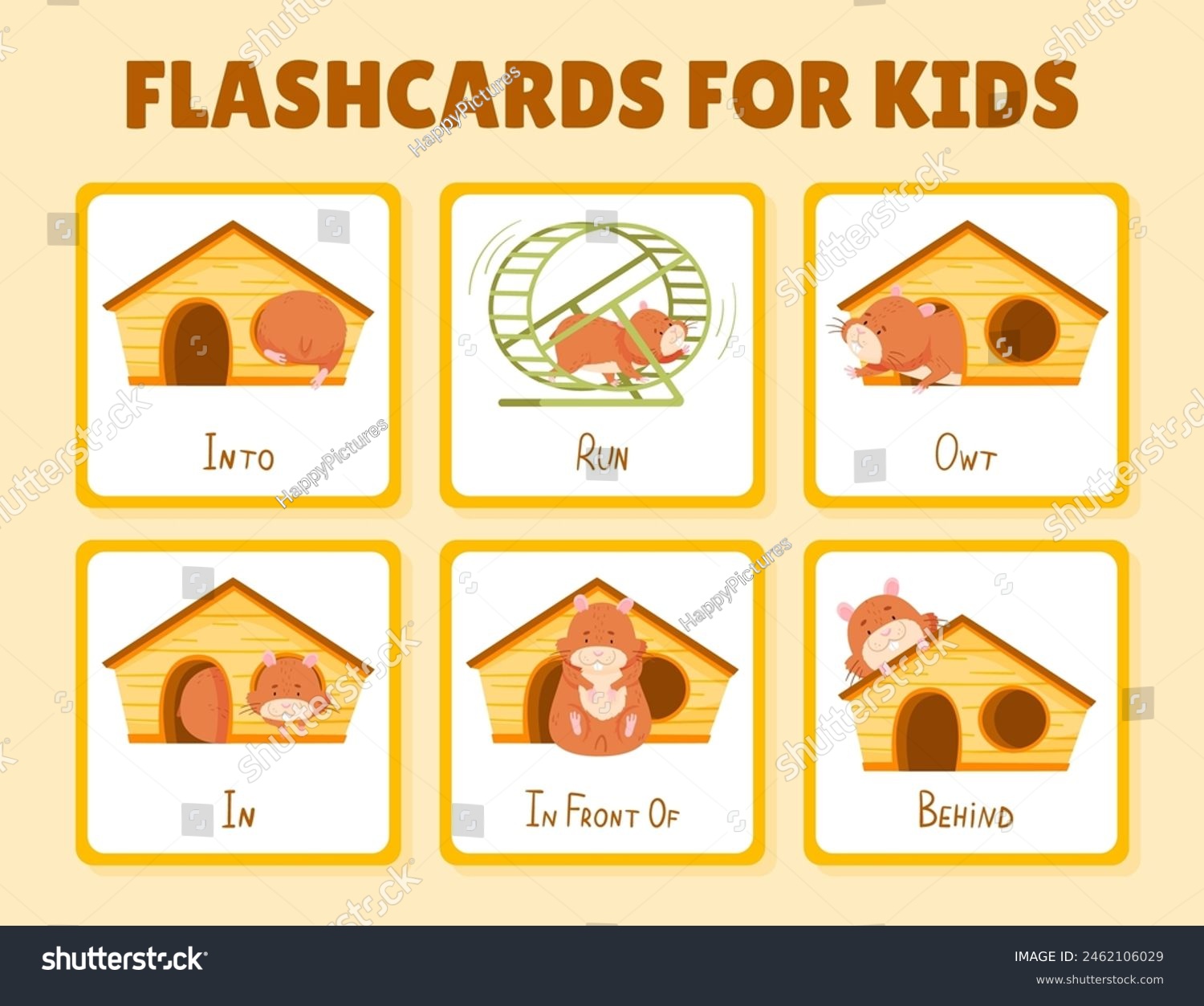 Flashcards Kids Cute Hamster English Prepositions Stock Vector (Royalty ...