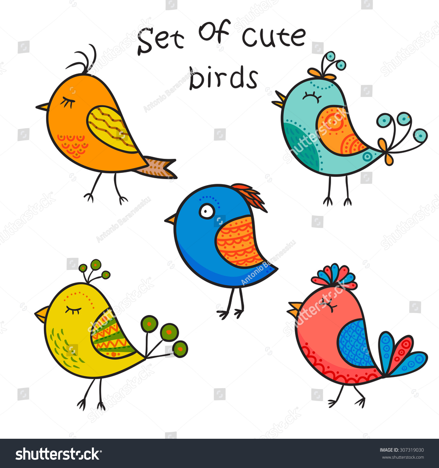 Cute Color Birds Vector Cartoon Set Stock Vector (Royalty Free ...