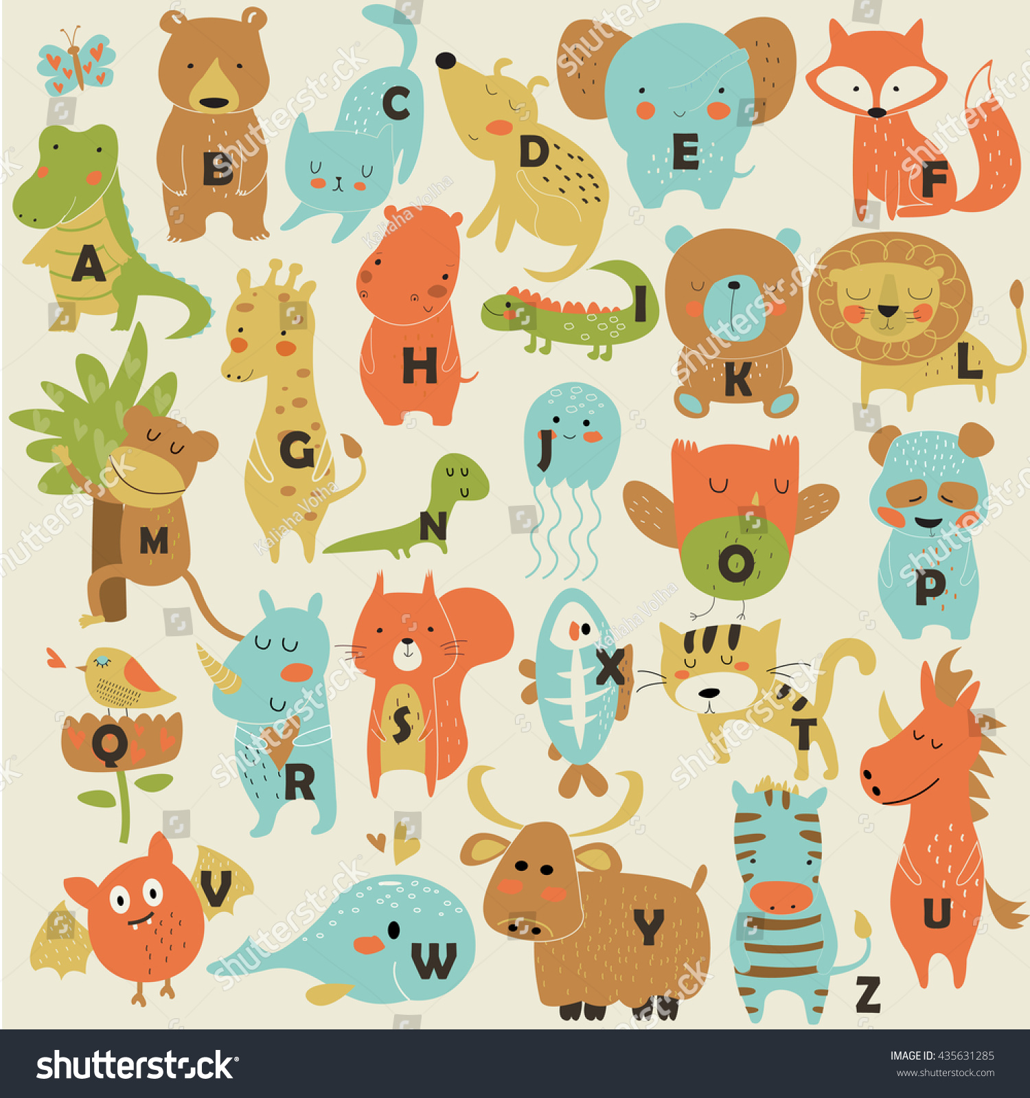 Zoo Alphabet Cute Animals Cartoon Style Stock Vector (Royalty Free ...