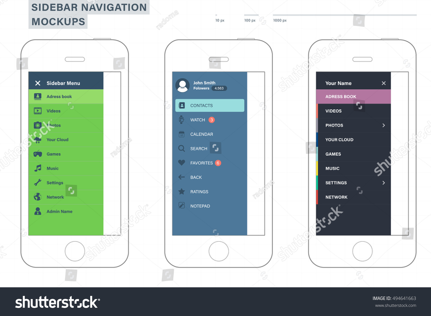 Sidebar Navigation Screen Mockups Mobile Ui Stock Vector (Royalty Free) 494641663 | Shutterstock