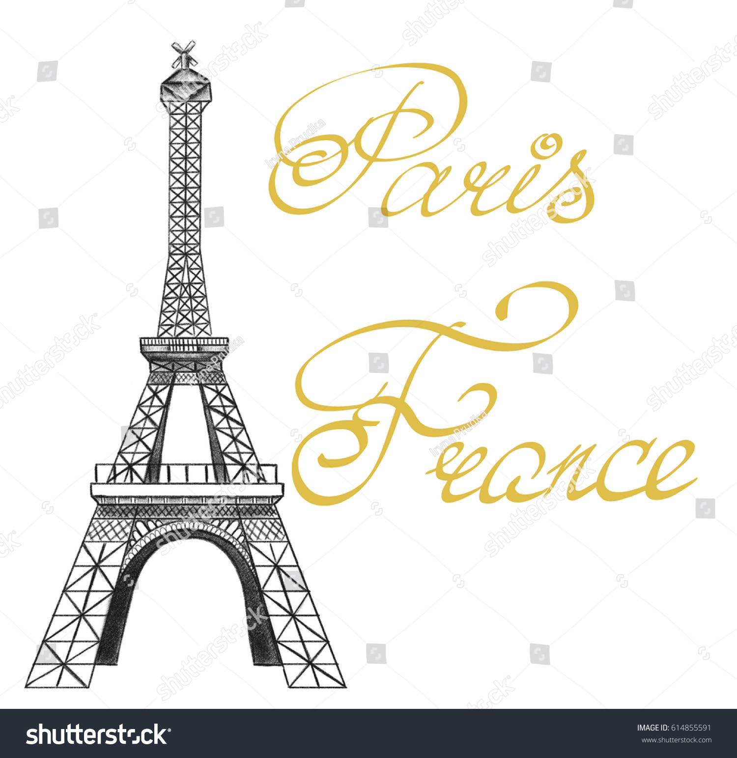 Hand Drawn Silhouette Tower Eiffel Lettering: ภาพประกอบสต็อก 614855591 ...