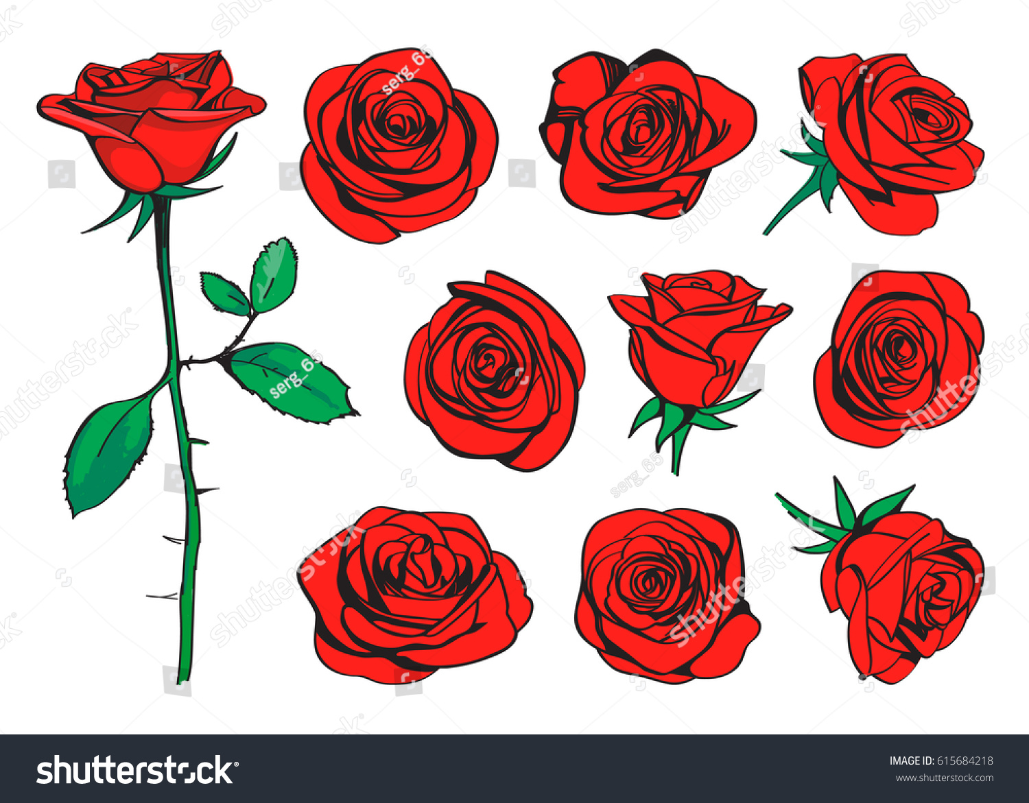 Red Roses Hand Drawn Color Set Stock Vector (Royalty Free) 615684218 ...