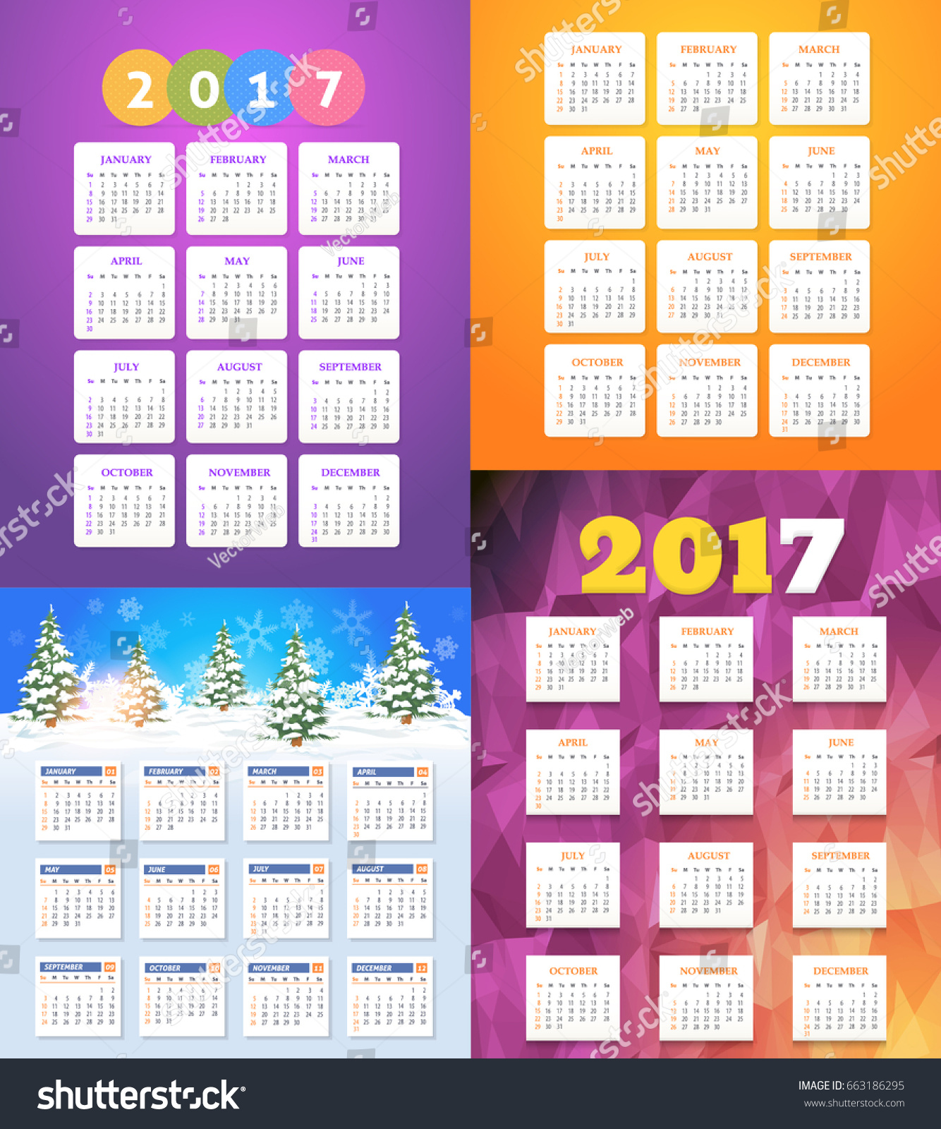 2017 Full Calendar Set Different Background Stock Vector (Royalty Free ...